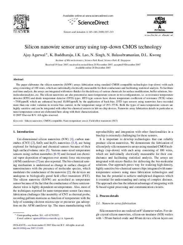 (PDF) Silicon nanowire sensor array using top–down CMOS technology