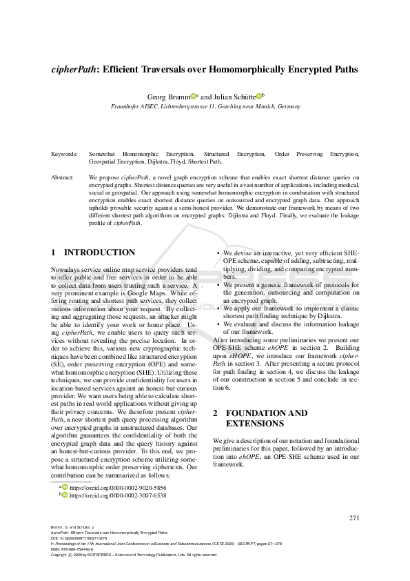 Pdf Cipherpath Efficient Traversals Over Homomorphically Encrypted Paths