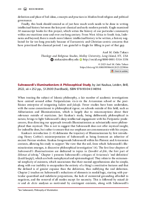 (PDF) Review of Kaukua, Suhrawardī’s Illuminationism: A Philosophical Study