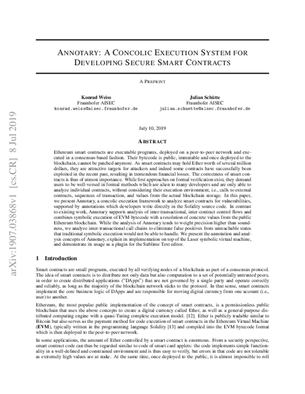 (PDF) Annotary: A Concolic Execution System for Developing Secure Smart Contracts
