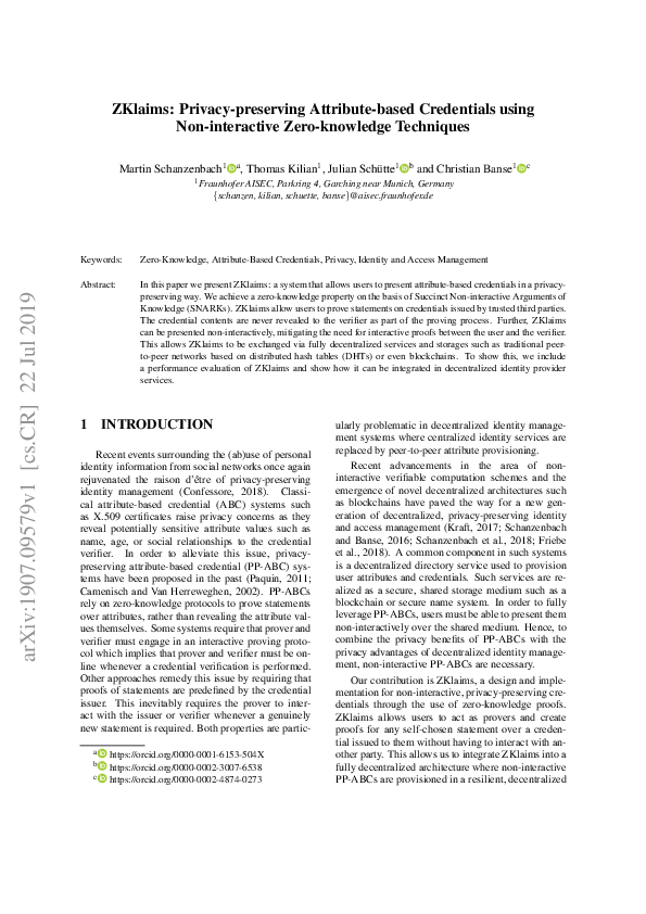 (PDF) ZKlaims: Privacy-preserving Attribute-based Credentials using Non-interactive Zero ...
