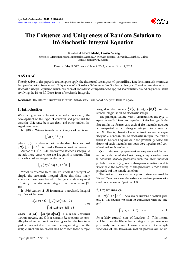 (PDF) The Existence and Uniqueness of Random Solution to Itô Stochastic ...