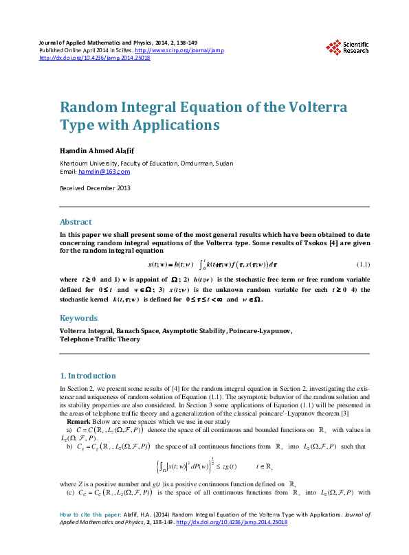 (PDF) Random Integral Equation of the Volterra Type with Applications