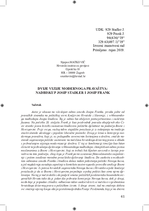 (PDF) Two visions of Rights: Archbishop Josip Stadler and Josip Frank ...
