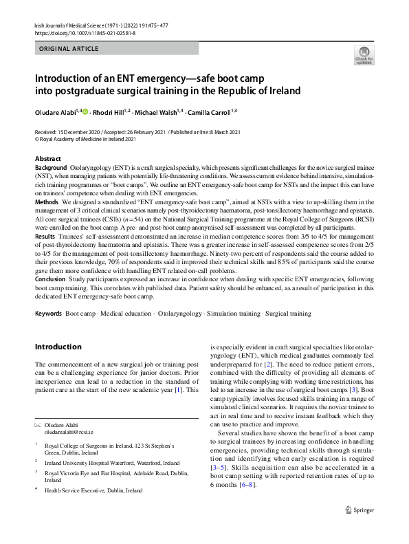 (PDF) Introduction of an ENT emergency—safe boot camp into postgraduate ...