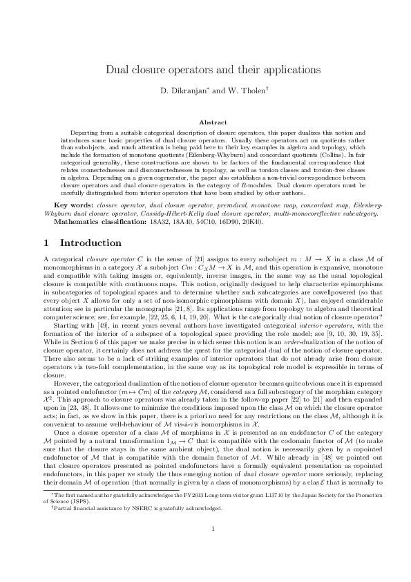 (PDF) Dual closure operators and their applications