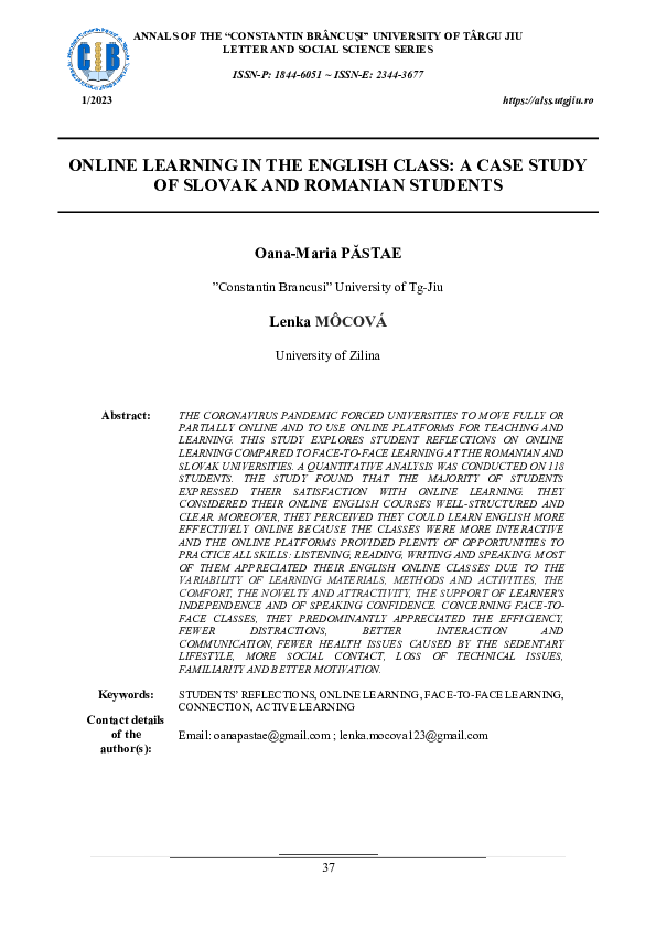 (PDF) ONLINE LEARNING IN THE ENGLISH CLASS: A CASE STUDY OF SLOVAK AND ...