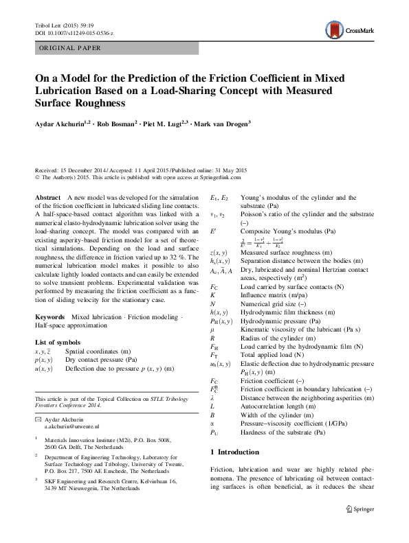 (PDF) On a Model for the Prediction of the Friction Coefficient in Mixed Lubrication Based on a ...