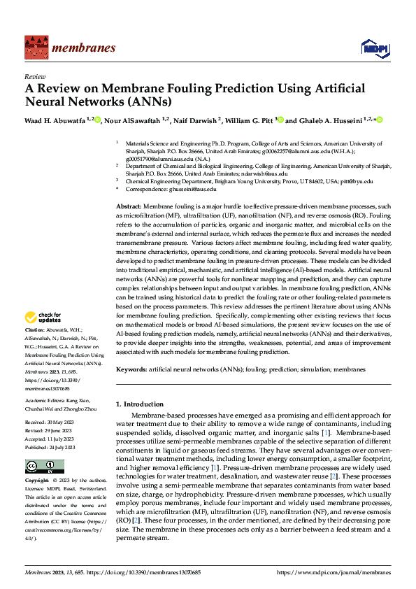 Pdf A Review On Membrane Fouling Prediction Using Artificial Neural