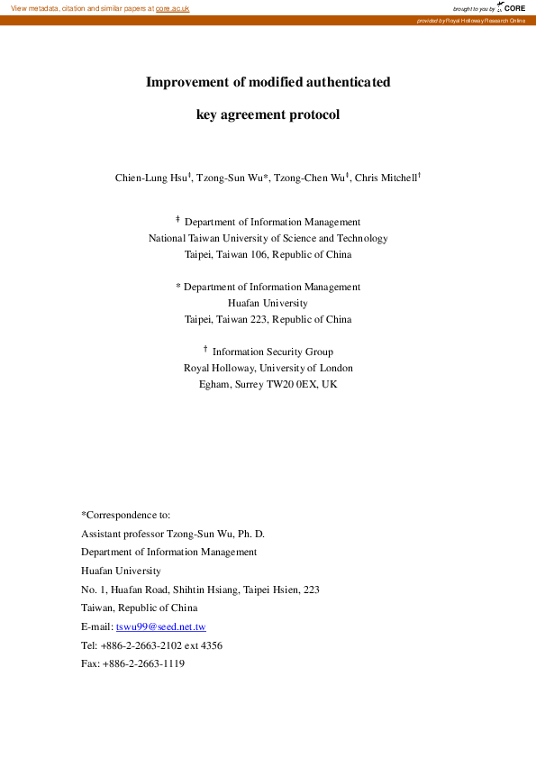 (PDF) Improvement of modified authenticated key agreement protocol