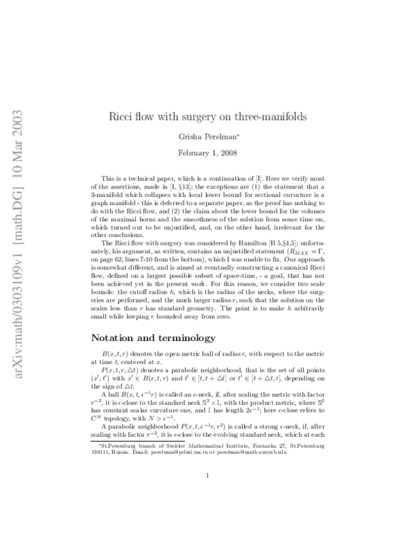 (PDF) Ricci flow with surgery on 3-manifolds : preprint