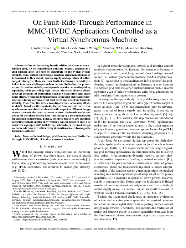 (PDF) On Fault-Ride-Through Performance in MMC-HVDC Applications Controlled as a Virtual ...