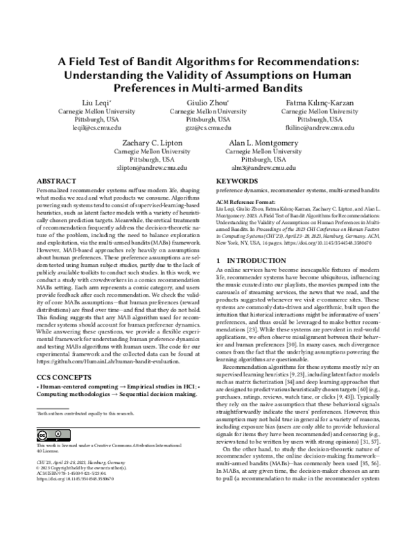 (PDF) A Field Test of Bandit Algorithms for Recommendations ...