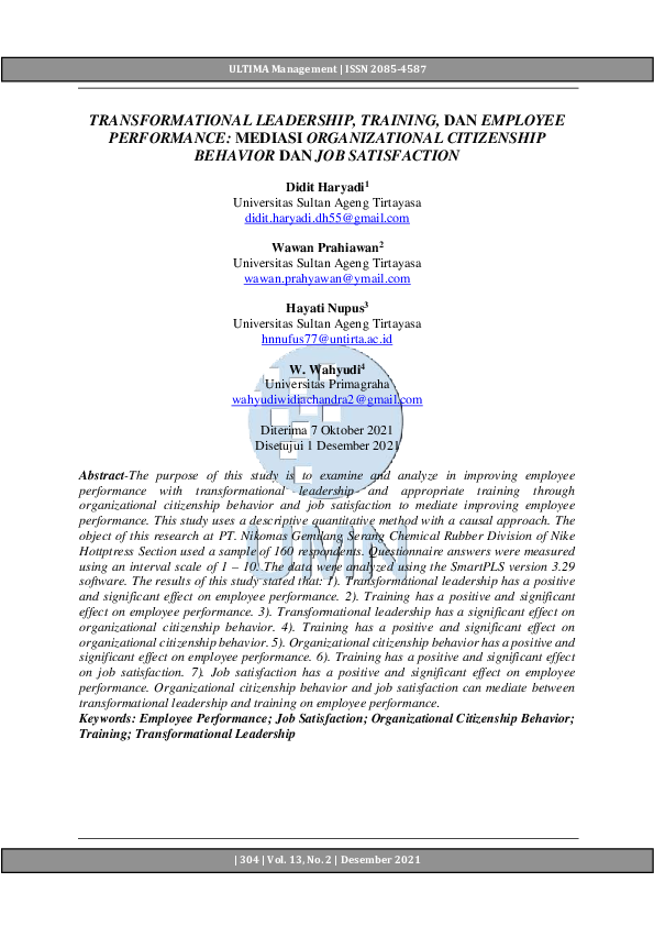 (PDF) Transformational Leadership, Training, Dan Employee Performance: Mediasi Organizational ...