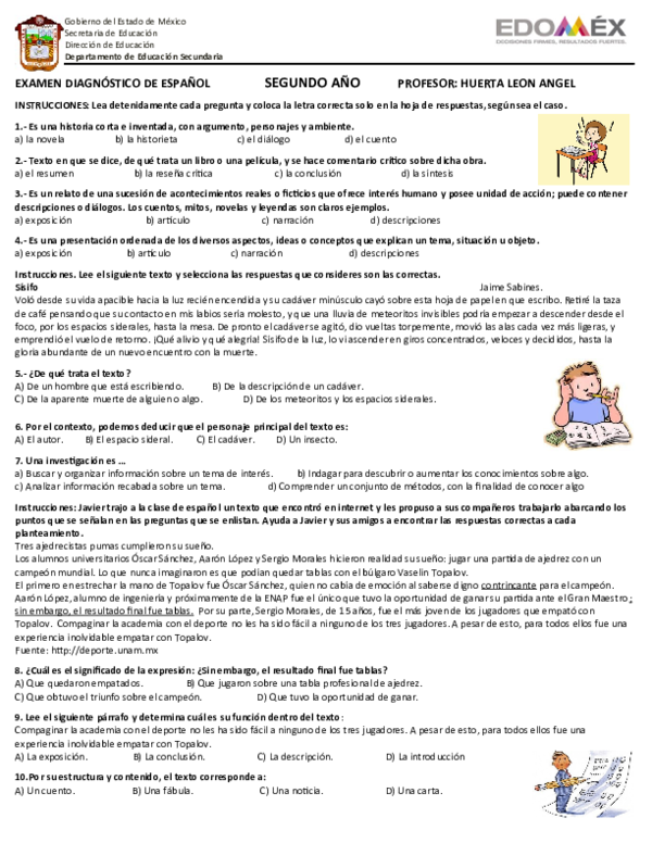 (DOC) EXAMEN DIAGNOSTICO DE SEGUNDO ESPAÑOL 23-