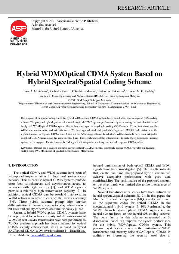 (PDF) Printed in the United States of America Hybrid WDM / Optical CDMA ...
