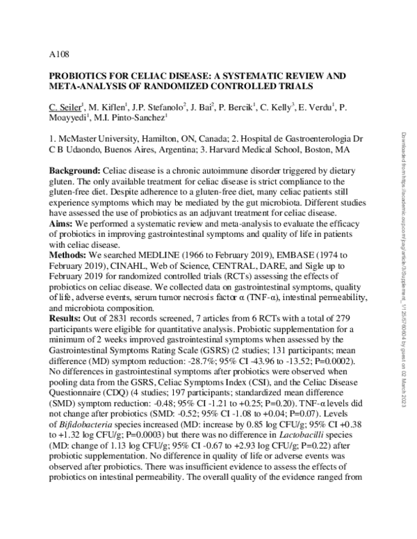 (PDF) A108 Probiotics for Celiac Disease: A Systematic Review and Meta-Analysis of Randomized ...