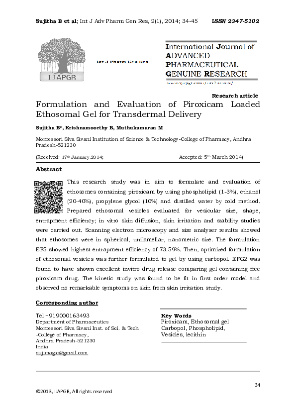 Pdf Formulation And Evaluation Of Piroxicam Loaded Ethosomal Gel For Transdermal Delivery