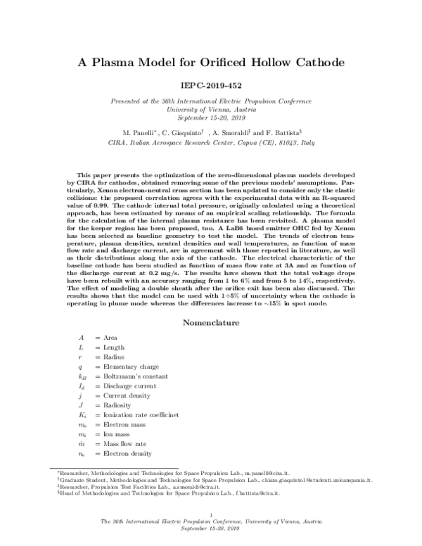 (PDF) A Plasma Model for Orificed Hollow Cathode
