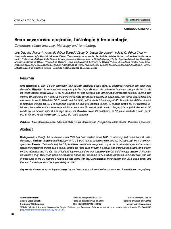 (PDF) Seno cavernoso: anatomía, histología y terminología