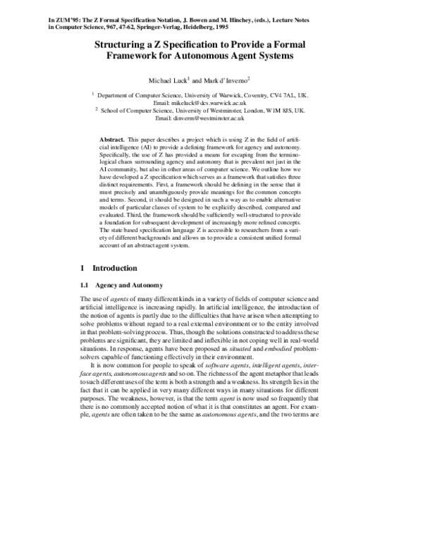 Pdf Structuring A Z Specification To Provide A Formal Framework For Autonomous Agent Systems