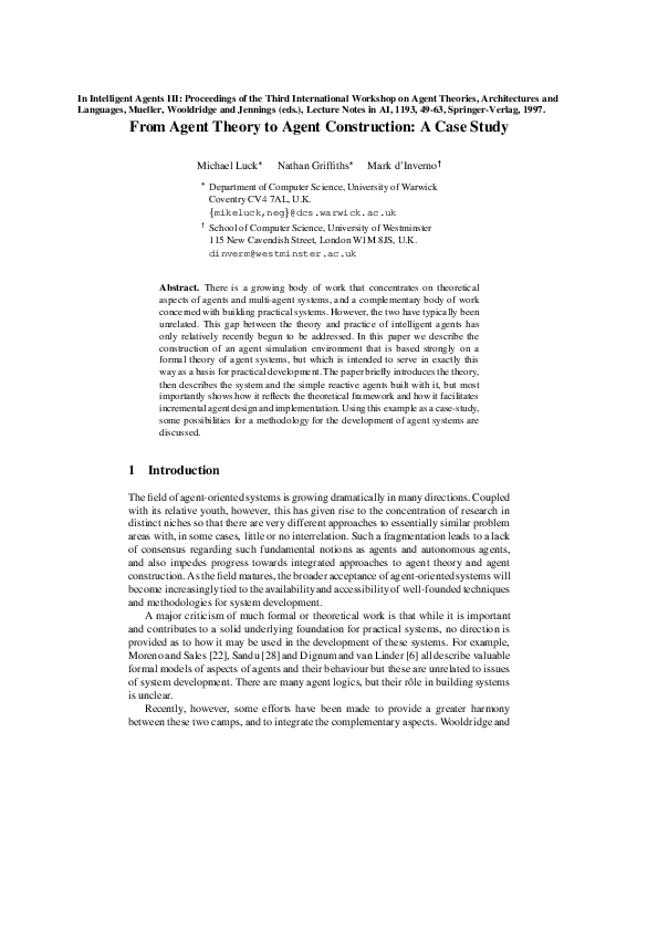 (PDF) From agent theory to agent construction: A case study | Mark d ...