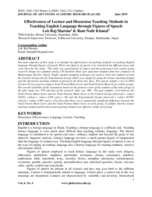 (PDF) Effectiveness of Lecture and Discussion Teaching Methods in Teaching English Language ...
