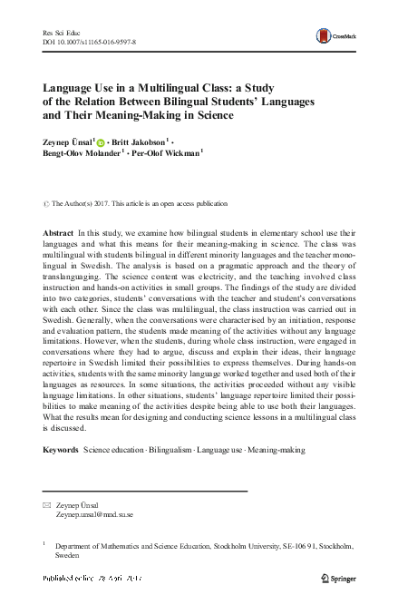 (PDF) Language Use in a Multilingual Class: a Study of the Relation Between Bilingual Students ...