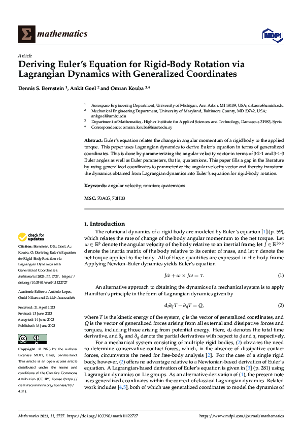 (PDF) Deriving Euler’s Equation for Rigid-Body Rotation via Lagrangian ...