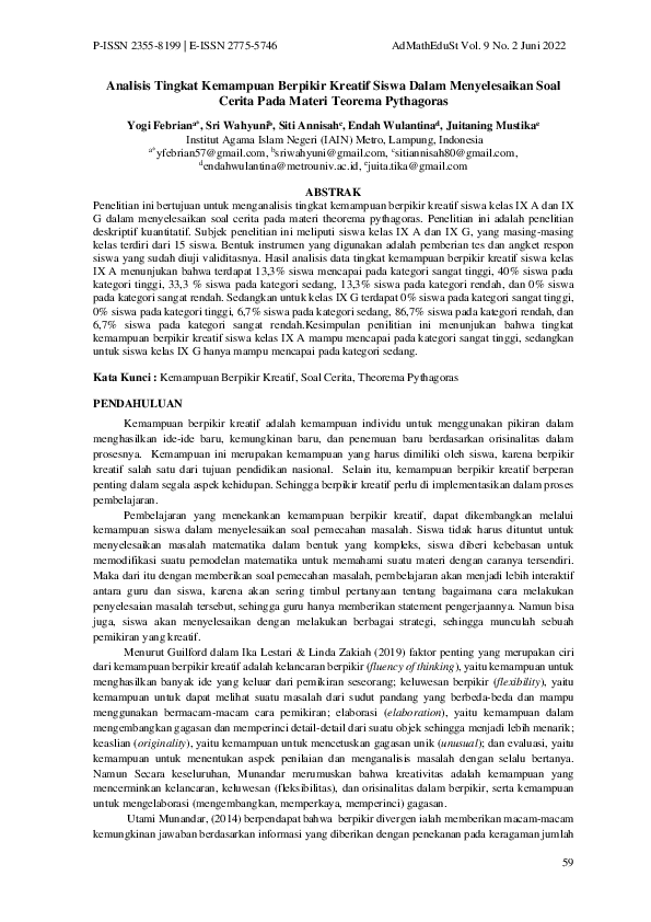 (PDF) Analisis Tingkat Kemampuan Berpikir Kreatif Siswa Dalam Menyelesaikan Soal Cerita Pada ...