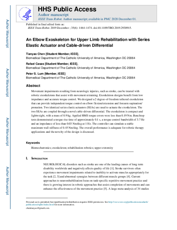 (PDF) An Elbow Exoskeleton for Upper Limb Rehabilitation With Series ...