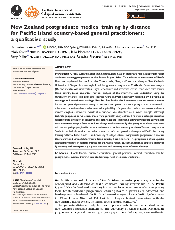 (PDF) New Zealand postgraduate medical training by distance for Pacific ...