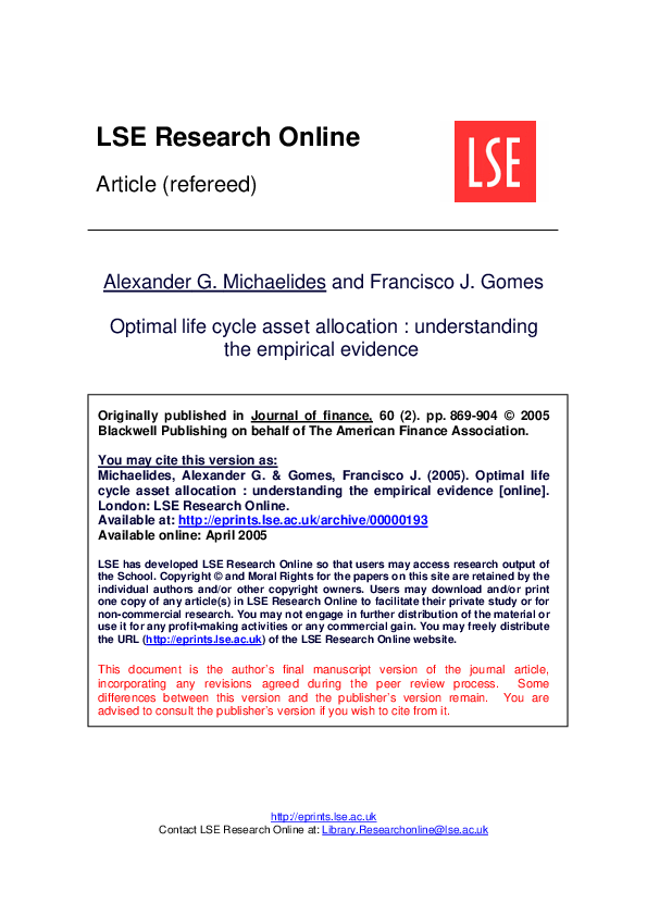 (PDF) Optimal Life-Cycle Asset Allocation: Understanding the Empirical ...