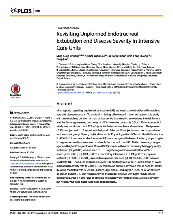 (PDF) Revisiting Unplanned Endotracheal Extubation and Disease Severity in Intensive Care Units