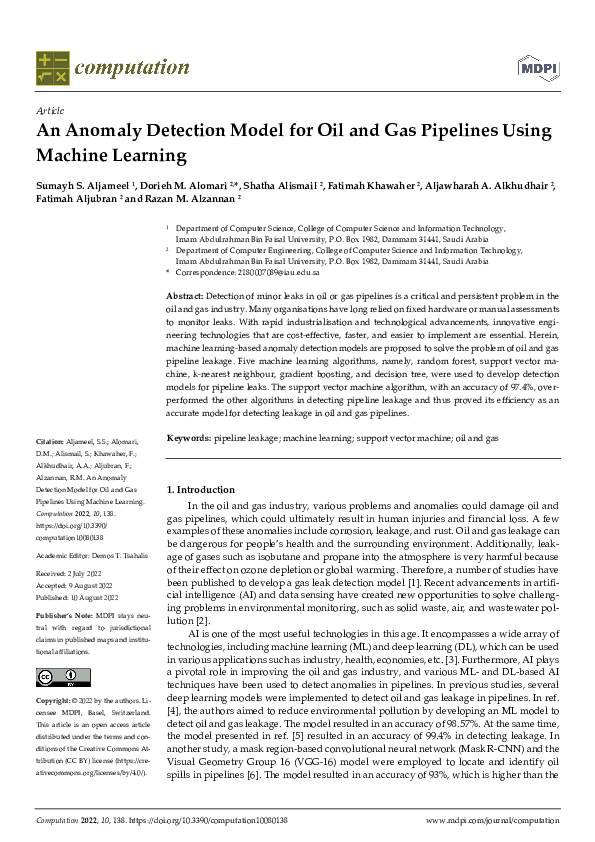 (PDF) An Anomaly Detection Model for Oil and Gas Pipelines Using Machine Learning