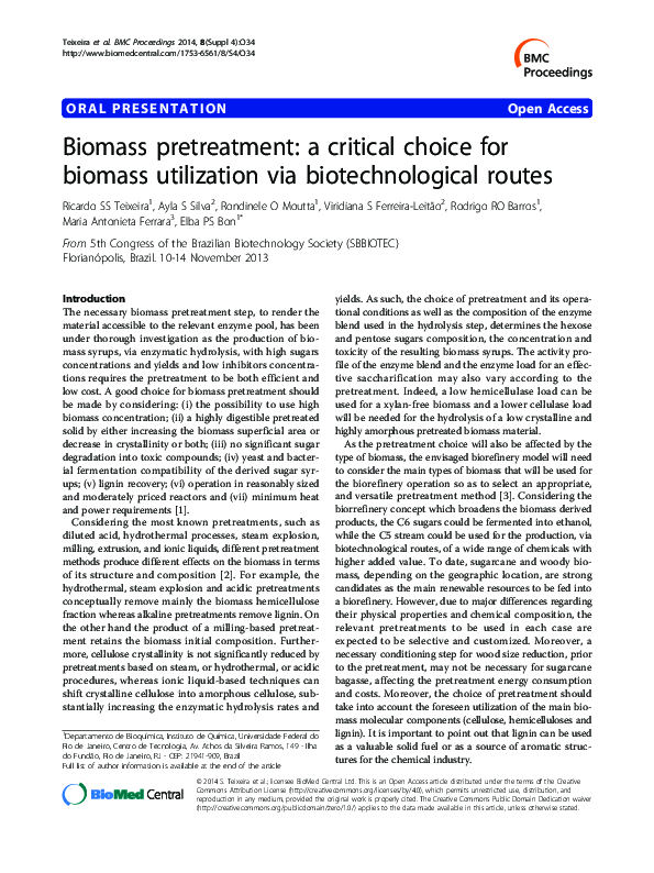 (PDF) Biomass pretreatment: a critical choice for biomass utilization ...
