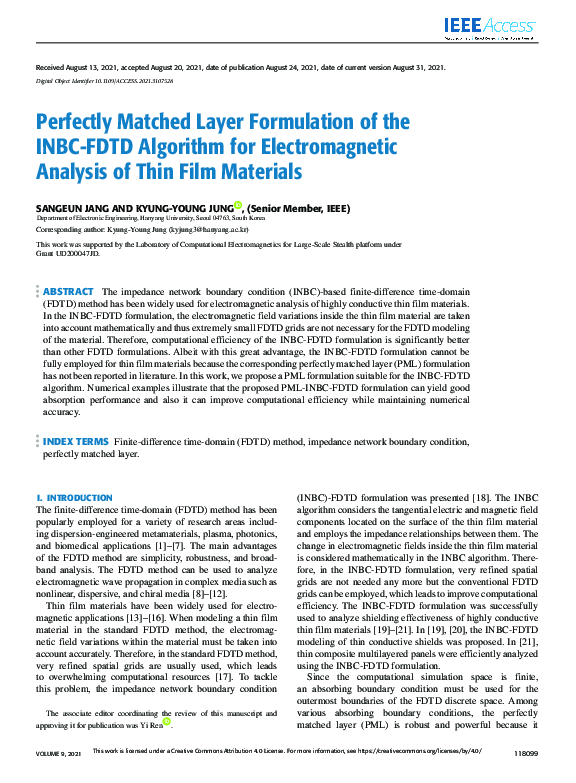 Pdf Perfectly Matched Layer Formulation Of The Inbc Fdtd Algorithm For Electromagnetic