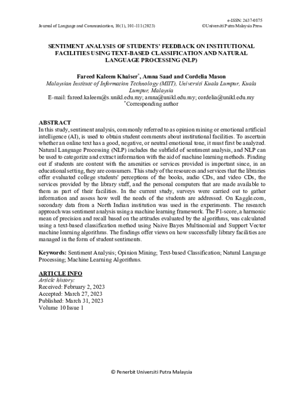 (PDF) SENTIMENT ANALYSIS OF STUDENTS' FEEDBACK ON INSTITUTIONAL ...