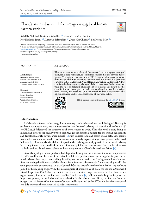 Pdf Classification Of Wood Defect Images Using Local Binary Pattern Variants Lizawati