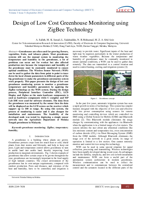 (PDF) Design of Low Cost Greenhouse Monitoring using ZigBee Technology