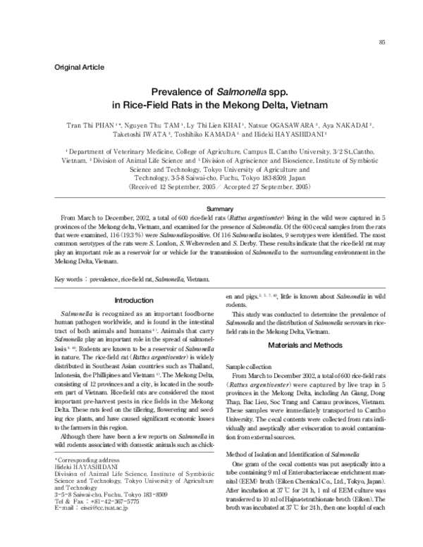 (PDF) Prevalence of Salmonella spp. in Rice-Field Rats in the Mekong ...