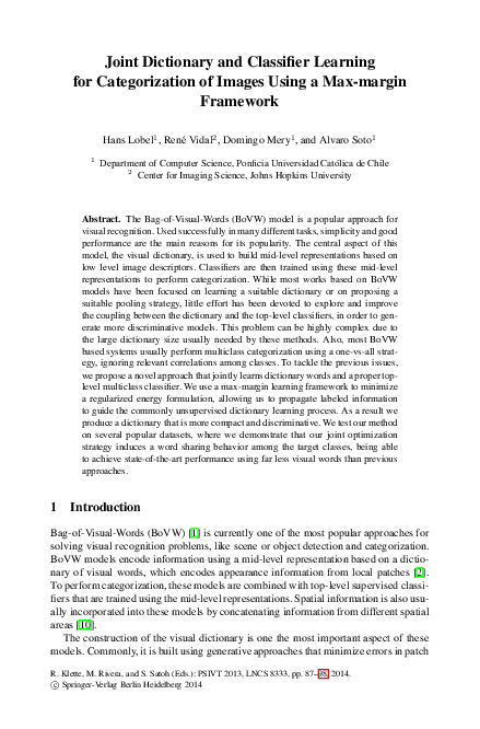 (PDF) Joint Dictionary and Classifier Learning for Categorization of Images Using a Max-margin ...