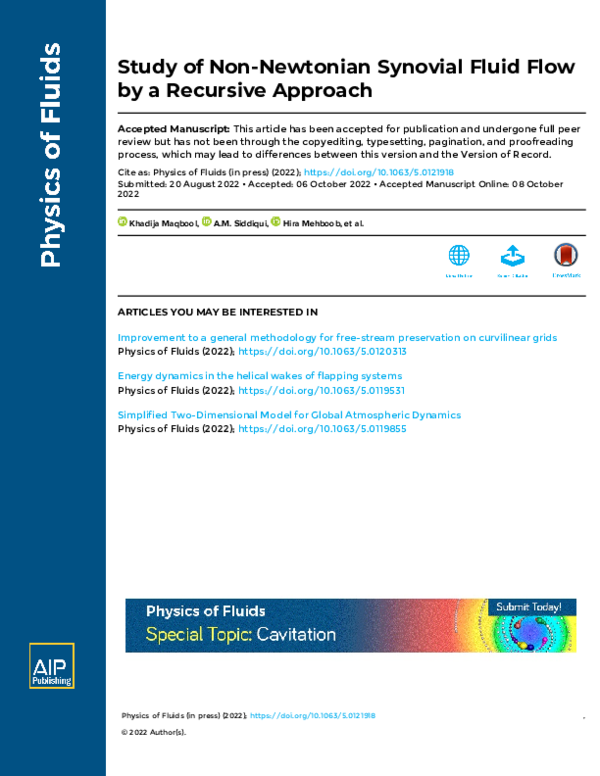 (PDF) Study of non-Newtonian synovial fluid flow by a recursive ...