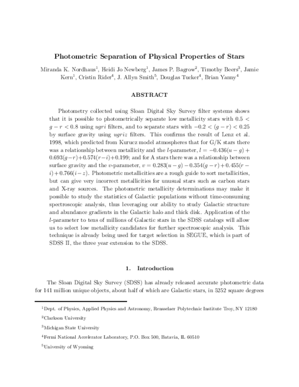 (PDF) Photometric Separation of Physical Properties of Stars