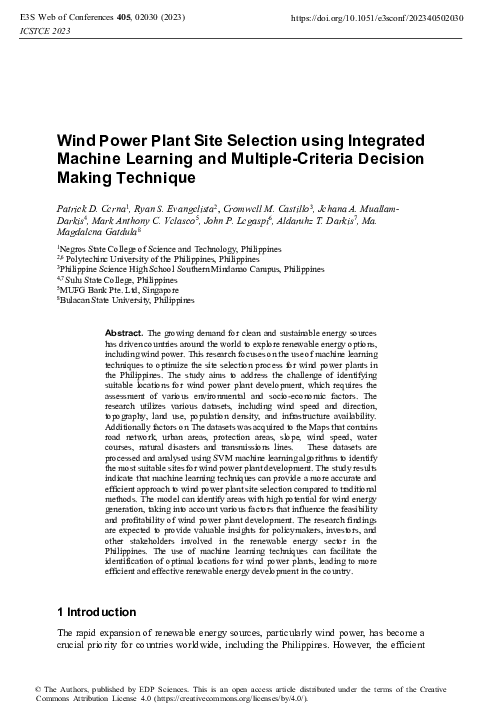 Pdf Wind Power Plant Site Selection Using Integrated Machine Learning And Multiple Criteria