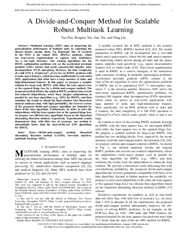 Pdf A Divide And Conquer Method For Scalable Robust Multitask Learning