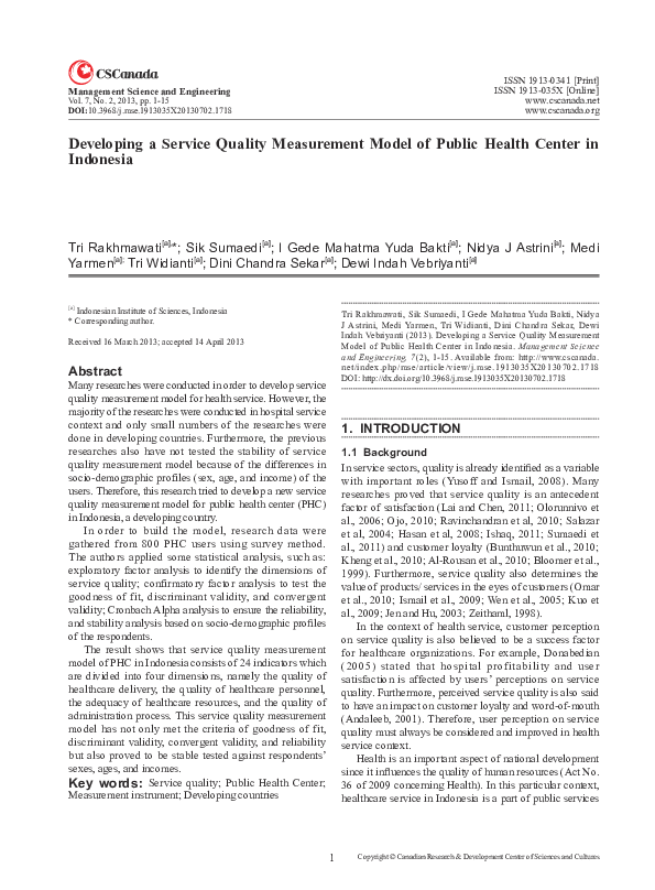 (PDF) Service Quality Measurement Model for Indonesian Public Health Centers