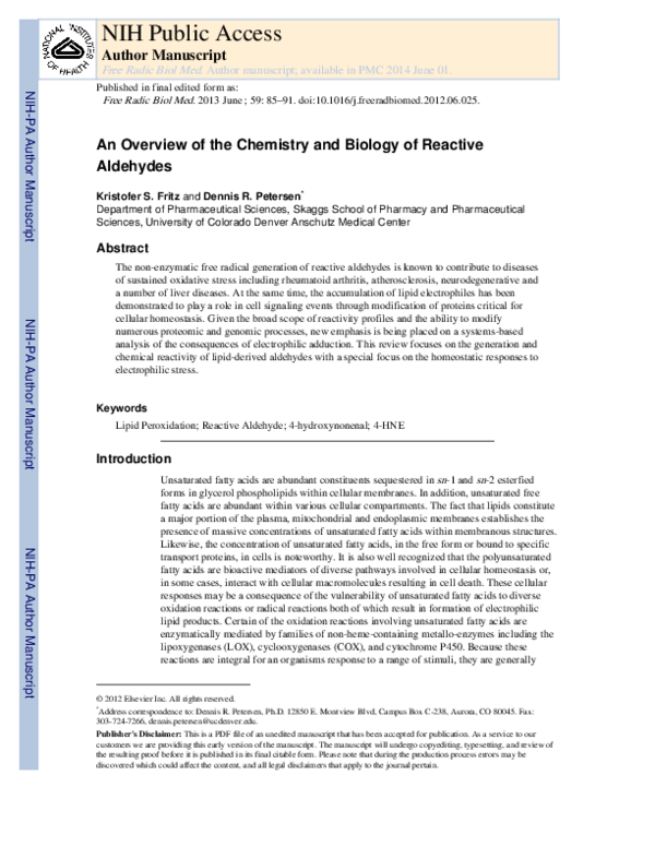 (PDF) An overview of the chemistry and biology of reactive aldehydes | Dennis Petersen ...