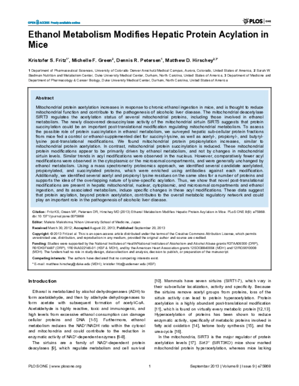 (PDF) Ethanol metabolism modifies hepatic protein acylation in mice