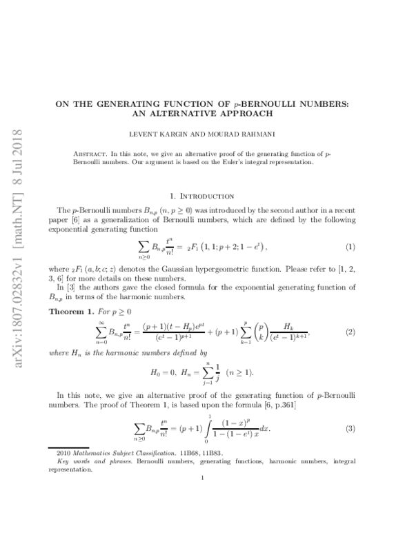 (PDF) On the generating function of p-Bernoulli numbers: an alternative approach